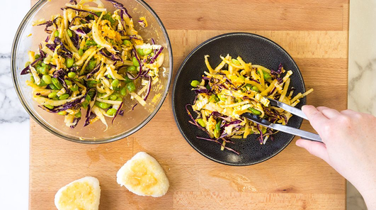 Yaki Onigiri with Edamame Cabbage and Carrot Ginger Dressing