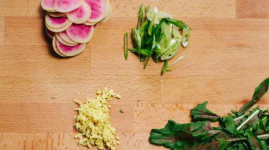Ramen Bowl with Gingered Amaranth Greens & Watermelon Radish