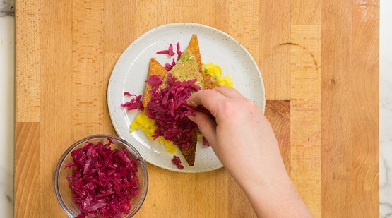 Mustard Glazed Tempeh with Red Kraut and Smashed Beets