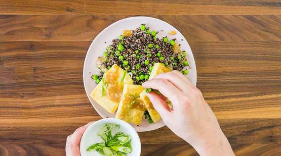 Burmese Shan Tofu with Miso Caramel and Black Quinoa
