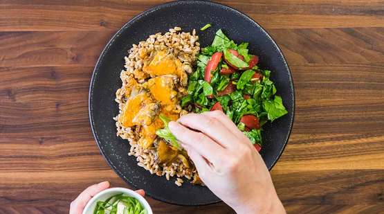 Baked Oyster Mushroom Dynamite with Farro and Spinach Plum Salad