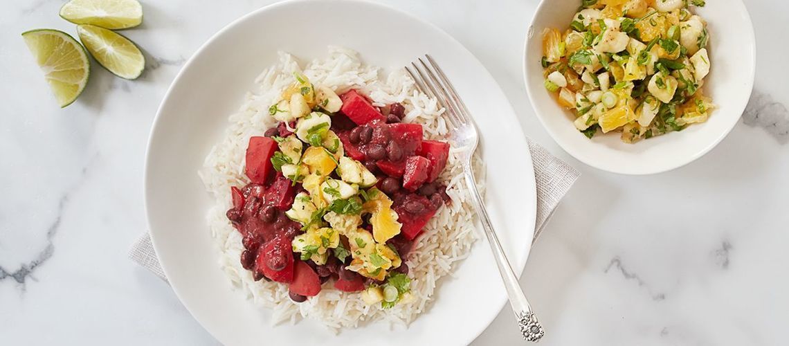Brazilian Black Beans and Beets with Coconut Rice and Tropical Salsa