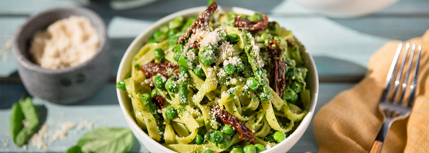 Tagliatelle with Bright Pesto & Spring Vegetables