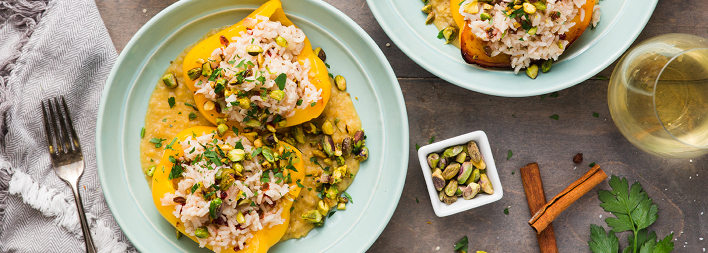 Persian Stuffed Peppers with Creamy Lentils & Toasted Pistachios
