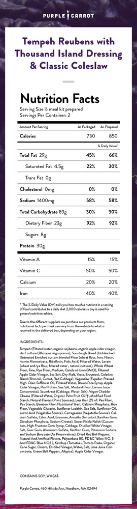 Tempeh Reuben with Thousand Island Dressing and Classic Coleslaw