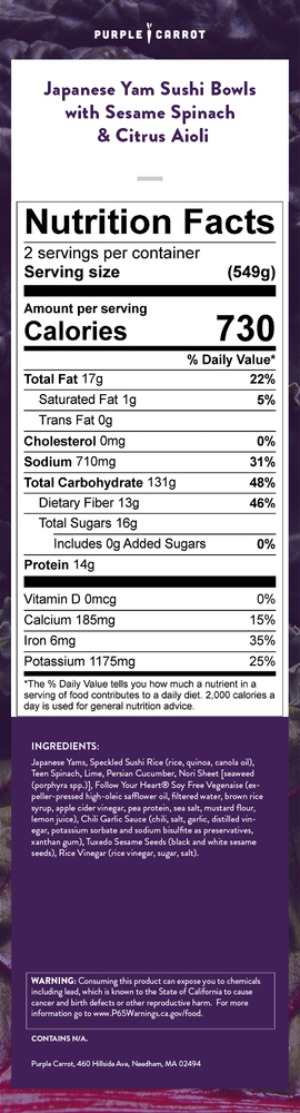 Japanese Yam Sushi Bowls with Sesame Spinach & Citrus Aioli